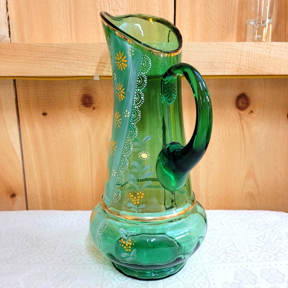 Vintage | Dining | Vintage Green Glass Hand Painted Water Pitcher 3 ...